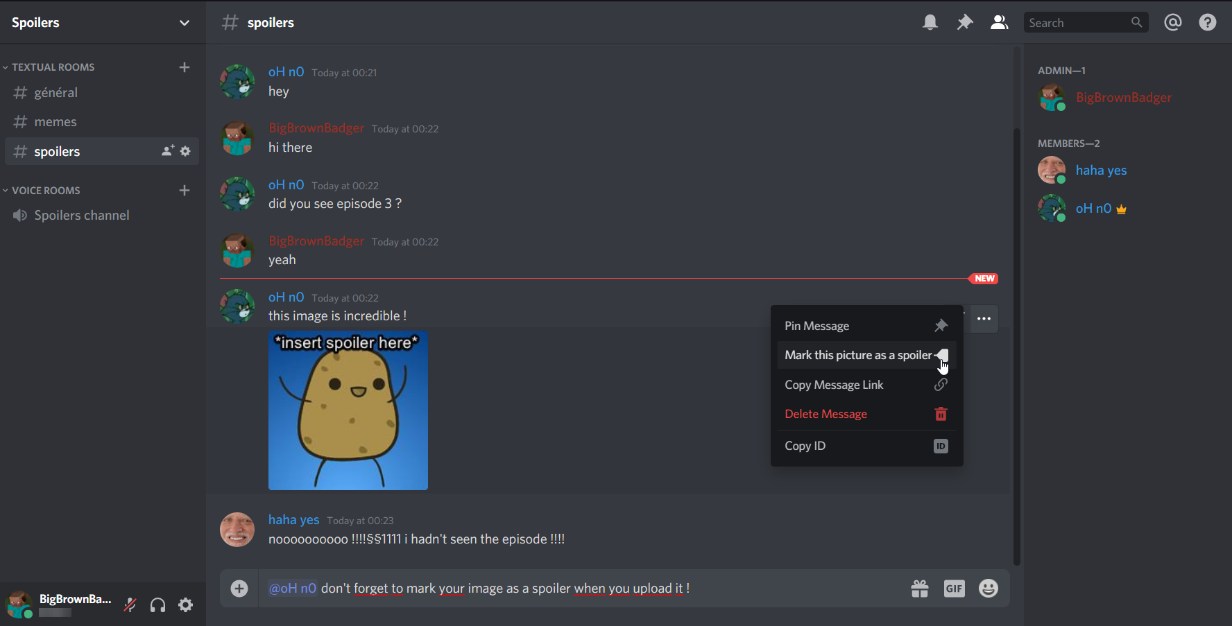 Can you add the ability to set another user's image as a spoiler ...
